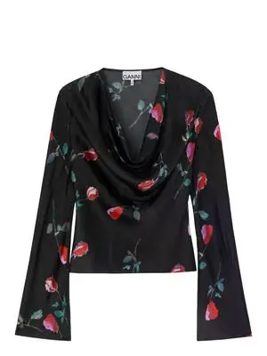 GANNI Floral Cowl-neck Top - Black