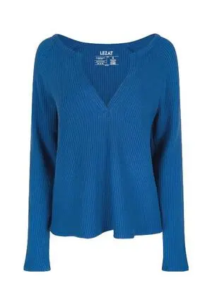 LEZAT Jules Waffle Knit Organic Cotton V-Neck Pullover Marine