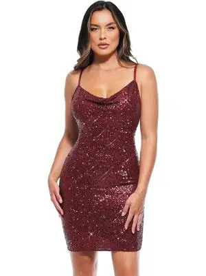 POPILUSH Sequin Cowl Neck Sculpting Mini Dress - Mahogany Red