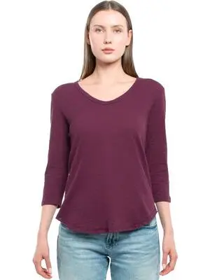 WILT CLOTHING 3/4 Sleeve V-neck Shirttail Tee With Raw Hem - Dark Fig