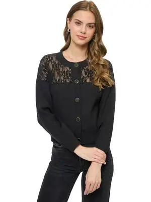 Central Park West Stella Lace X Knit Twofer Sweater - Black