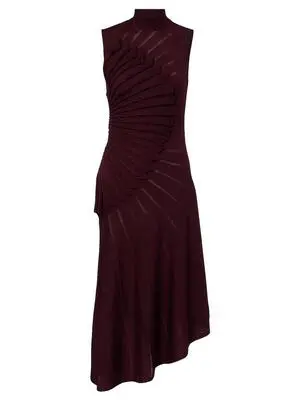 Alaïa Asymmetric Pleated Wool Midi Dress - Burgundy