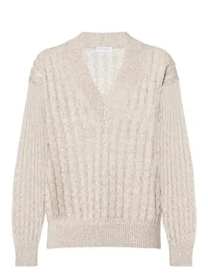 Brunello Cucinelli Sequined Linen-blend V-neck Sweater - Beige