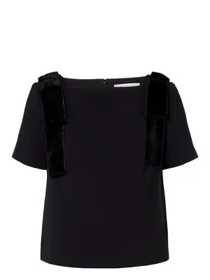 Carolina Herrera Bow-detail Velvet-trimmed Crêpe Top - Black