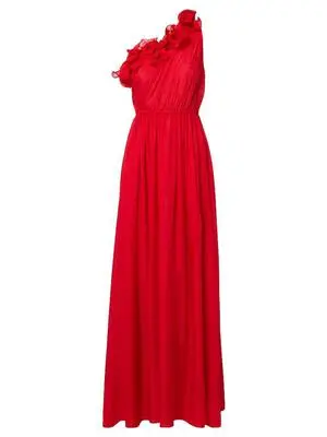 LEO LIN Jenni Draped Floral-appliqué Silk Gown - Red