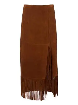 Polo Ralph Lauren Fringed Suede Midi Skirt - Brown