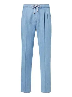 Brunello Cucinelli Pleated Straight-leg Cotton Trousers - Blue