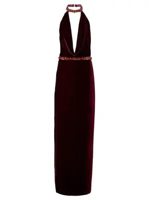 Costarellos Draped Embellished Halterneck Velvet Gown - Red