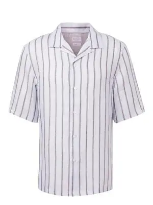 Brunello Cucinelli Striped Linen Bowling Shirt - Blue