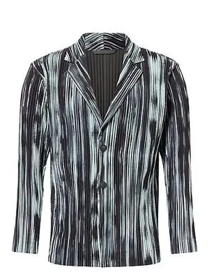 Issey Miyake Brushstroke Striped Pleated Knitted Jacket - Black
