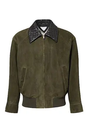 Bottega Veneta Woven-collar Long-sleeve Suede Jacket - Deep Moss