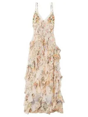 Camilla Lace-trimmed Ruffled Floral-print Silk-chiffon Maxi Dress - Multi