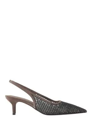 Brunello Cucinelli Embellished Suede-trimmed Mesh Slingback Pumps - Dark Brown