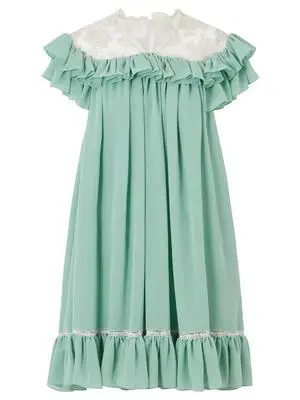 Chloé Ruffled Lace-trimmed Silk Georgette Mini Dress - Green