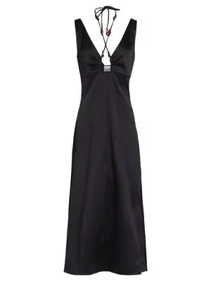 GANNI Bead-embellished Ruched Satin Halterneck Midi Dress - Black