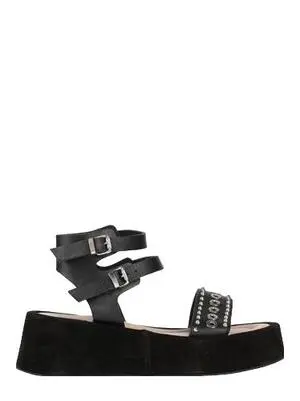 JANET & JANET Leather Wedge Sandals - Black