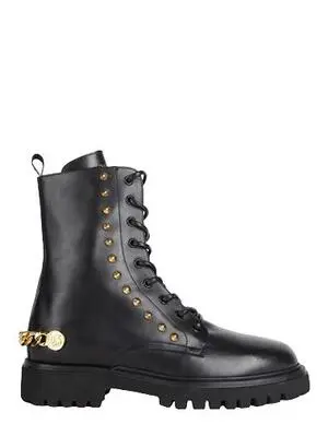John Galliano Calfskin Ankle Combat Boots With Logo - Black