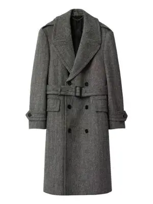 Burberry Herringbone-pattern Belted Wool Trench Coat - Grey