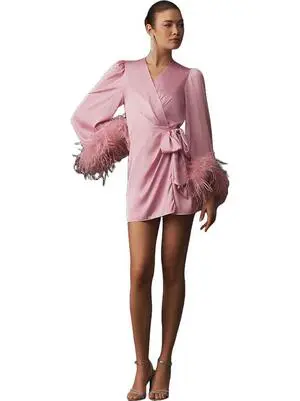HUTCH Faux Feather Trim Long-sleeve Mini Dress - Pink