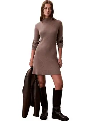 Calvin Klein Smooth Cotton Rib Turtleneck Mini Dress - Camel Melange