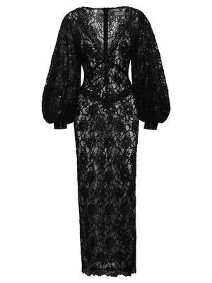 NISSA Sequin Lace Midi Dress - Black