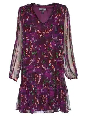 NISSA Ruffle Floral Silk Mini Dress - Purple