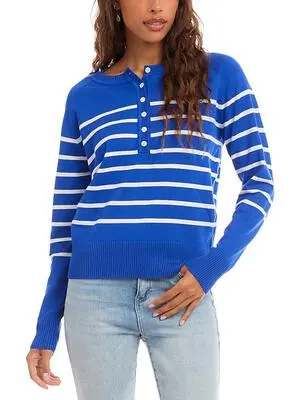 Karen Kane Striped Henley Sweater - Sapphire/ Off White