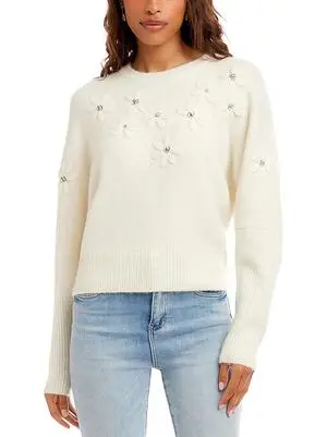 Karen Kane Rhinestone Embroidered Flower Sweater - Cream