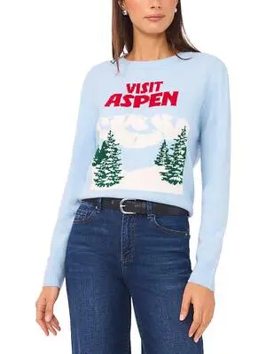 Vince Camuto Visit Aspen Motif Crewneck Sweater - Eggshell Blue