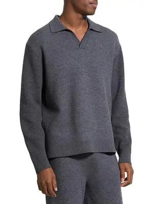 Theory Open Collar Merino Wool Polo Sweater - Dark Grey Melange