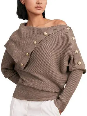 REISS Lexi Button Shawl Sweater - Taupe