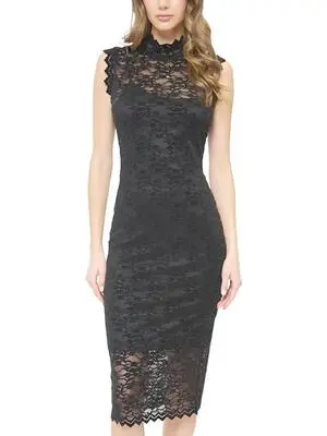 Central Park West Sleeveless Lace Turtleneck Midi Dress - Black