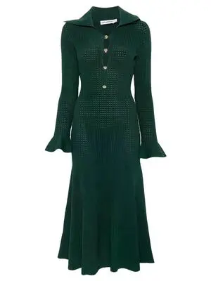 SELF-PORTRAIT Collared Knitted Midi Dress - Green