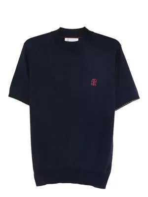 Brunello Cucinelli Embroidered-logo Knitted T-shirt - Blue
