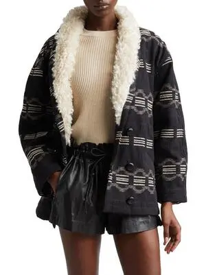 Isabel Marant Qayla Striped Coat With Faux Fur Trim - Faded Black
