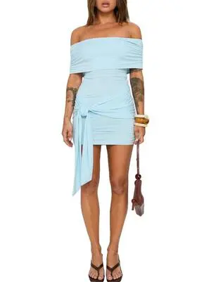Princess Polly Off-the-shoulder Tie Waist Mini Dress - Light Blue