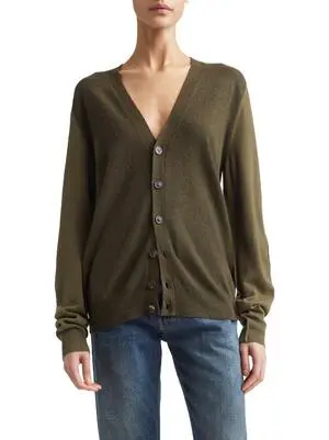 MAISON MARGIELA Colorblock V-neck Wool Cardigan With Elbow Patches - Military Green/dark Green