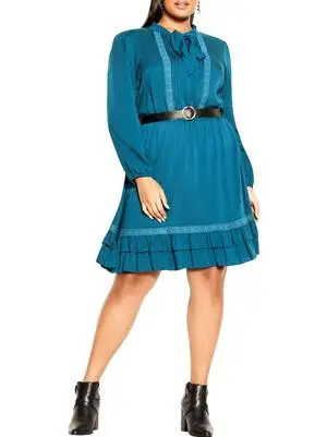 City Chic Precious Tie Neck Belted Long Sleeve Dress - Teal