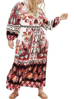 City Chic Malia Mixed Print Long Sleeve Maxi Dress - Ivory