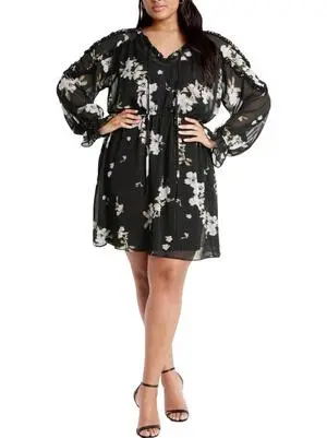 City Chic Nina Print Metallic Long Sleeve Dress - Floral