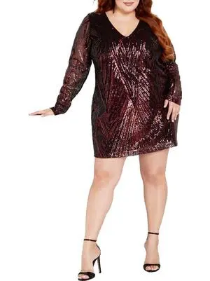 City Chic Veda Long Sleeve Sequin Mini Dress - Ruby