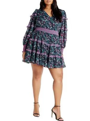 City Chic Iris Metallic Stripe Print Long Sleeve Tiered Dress - Purple Floral
