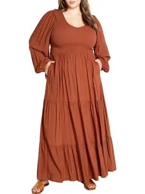 City Chic Leona Tiered Long Sleeve Maxi Dress - Toffee