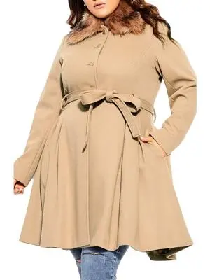 City Chic Faux Fur Collar Coat - Neutral
