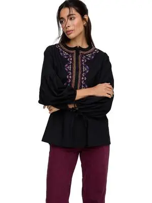 RAFFYA Anai Embroidered Blouse - Black