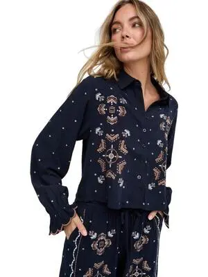 RAFFYA Anai Embroidered Blouse - Navy