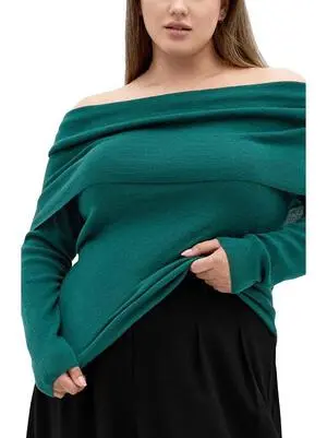 City Chic Florence Foldover Off-the-shoulder Sweater - Jade