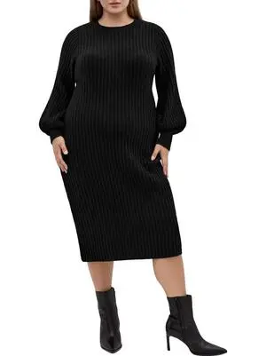 City Chic Sarah Long Sleeve Rib Sweater Midi Dress Black