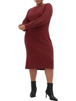 City Chic Sarah Long Sleeve Rib Sweater Midi Dress - Bordeaux