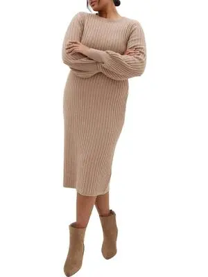 City Chic Sarah Long Sleeve Rib Sweater Midi Dress - Mushroom Melange